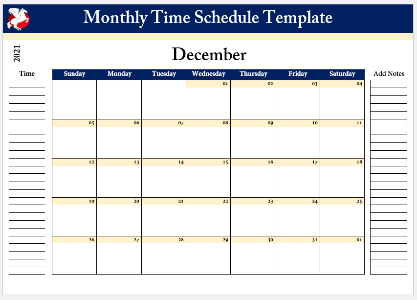 Monthly Time Schedule Template